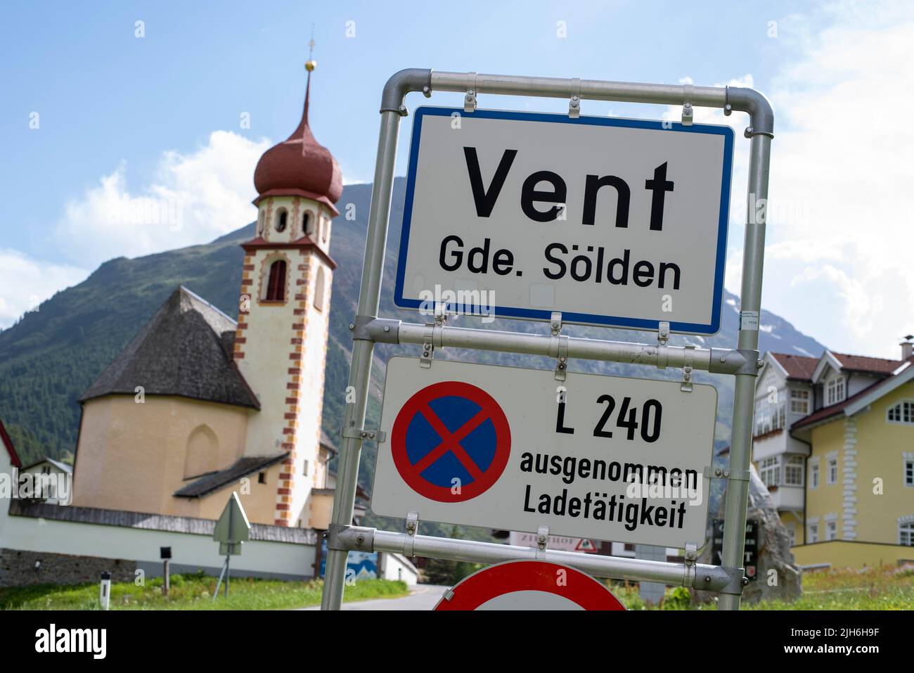 Vent in the Oetztal Alps, village entrance sign, behind it the parish ...