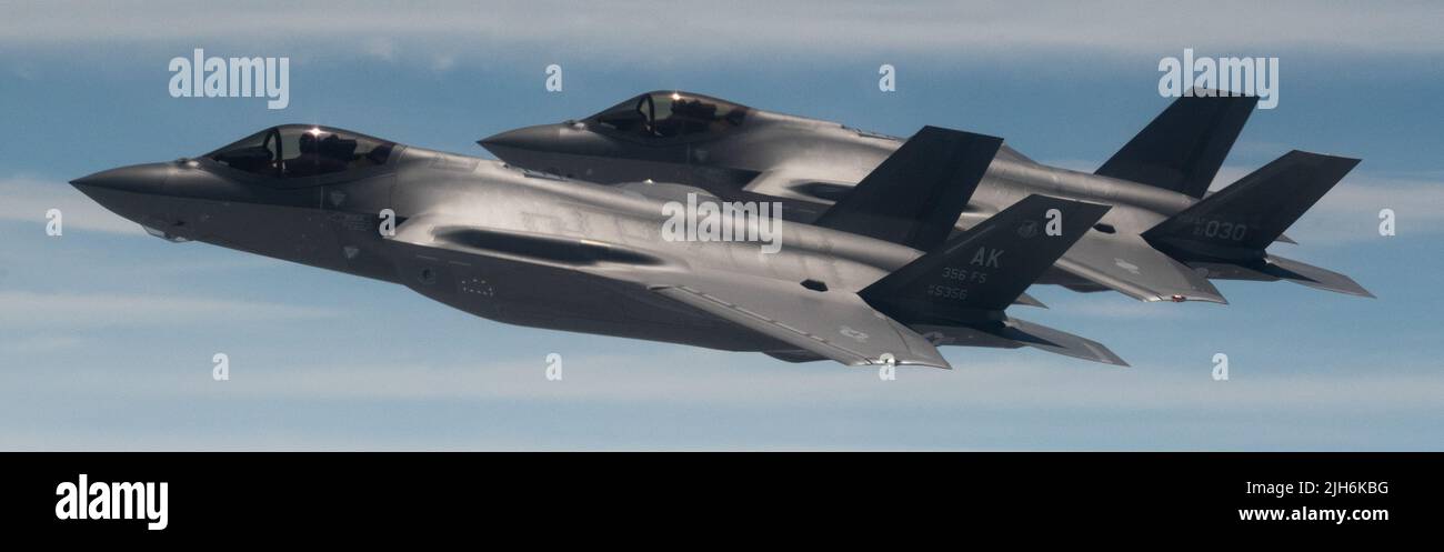 U.S. Air Force F-35 Lightning IIs from the 365th Fighter Squadron at Eielson Air Force Base fly ...