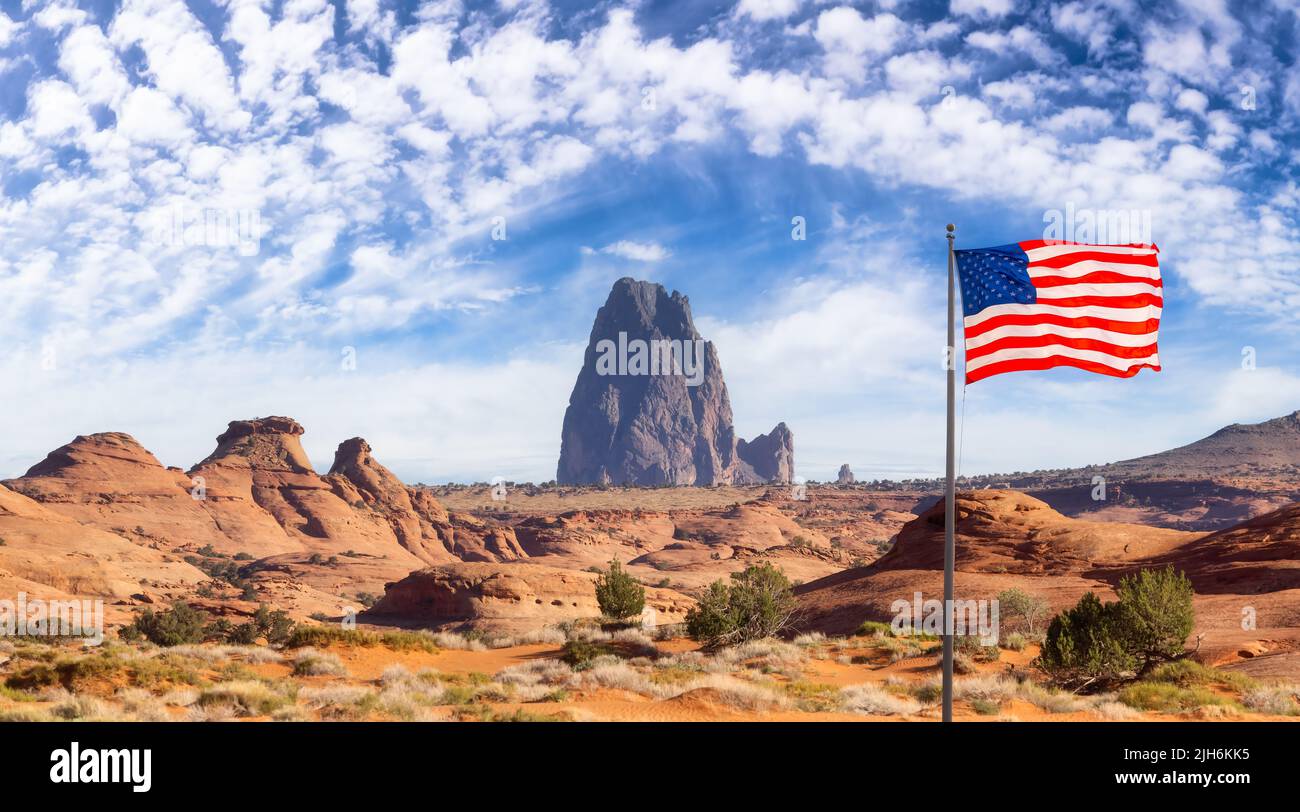 American National Flag Overlay with Desert Rocky Mountain American ...