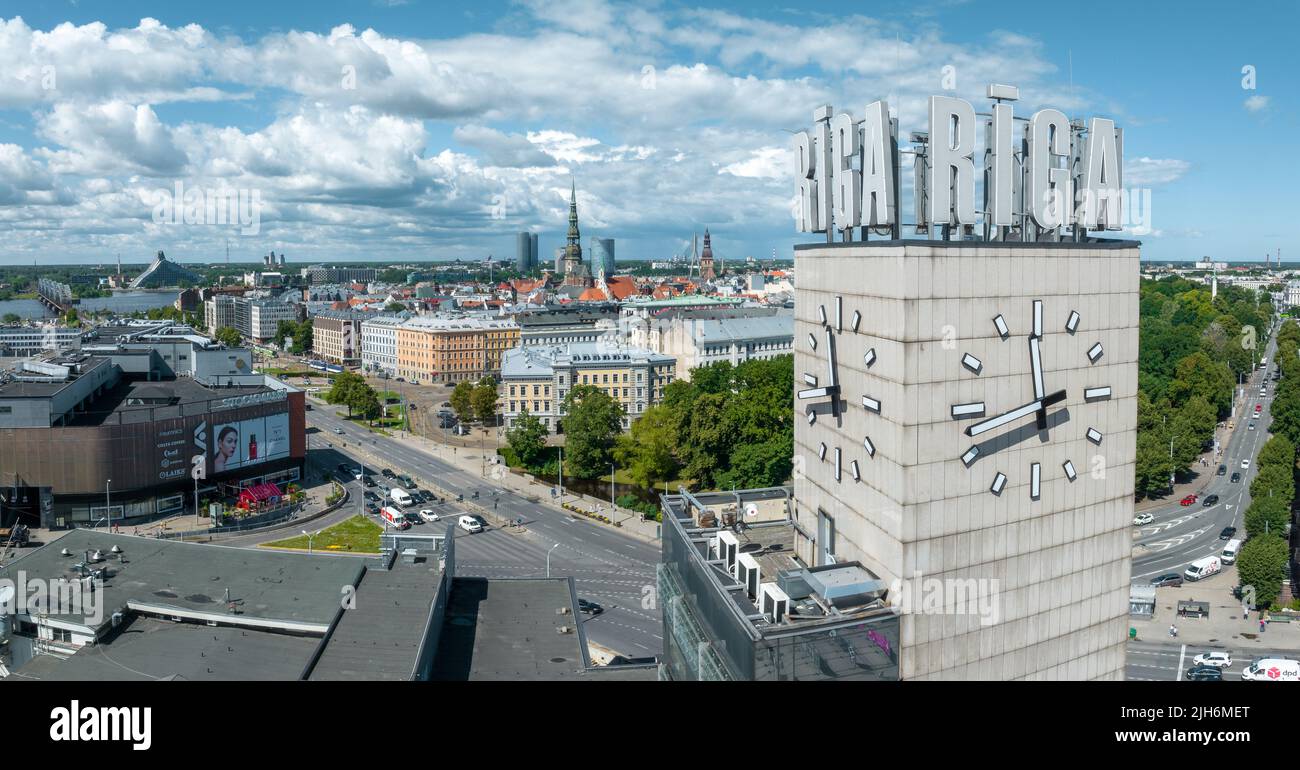 Aerial view of the Riga central train station tower with name of the ...