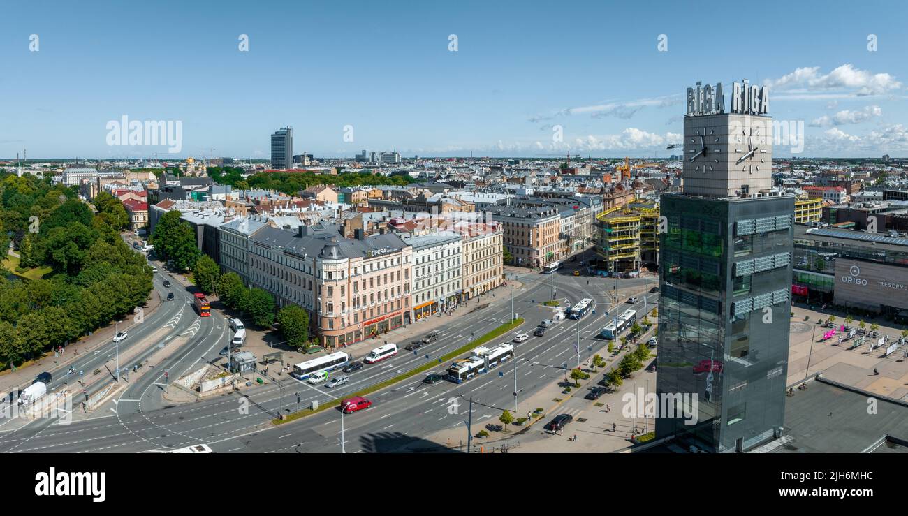 Aerial view of the Riga central train station tower with name of the ...