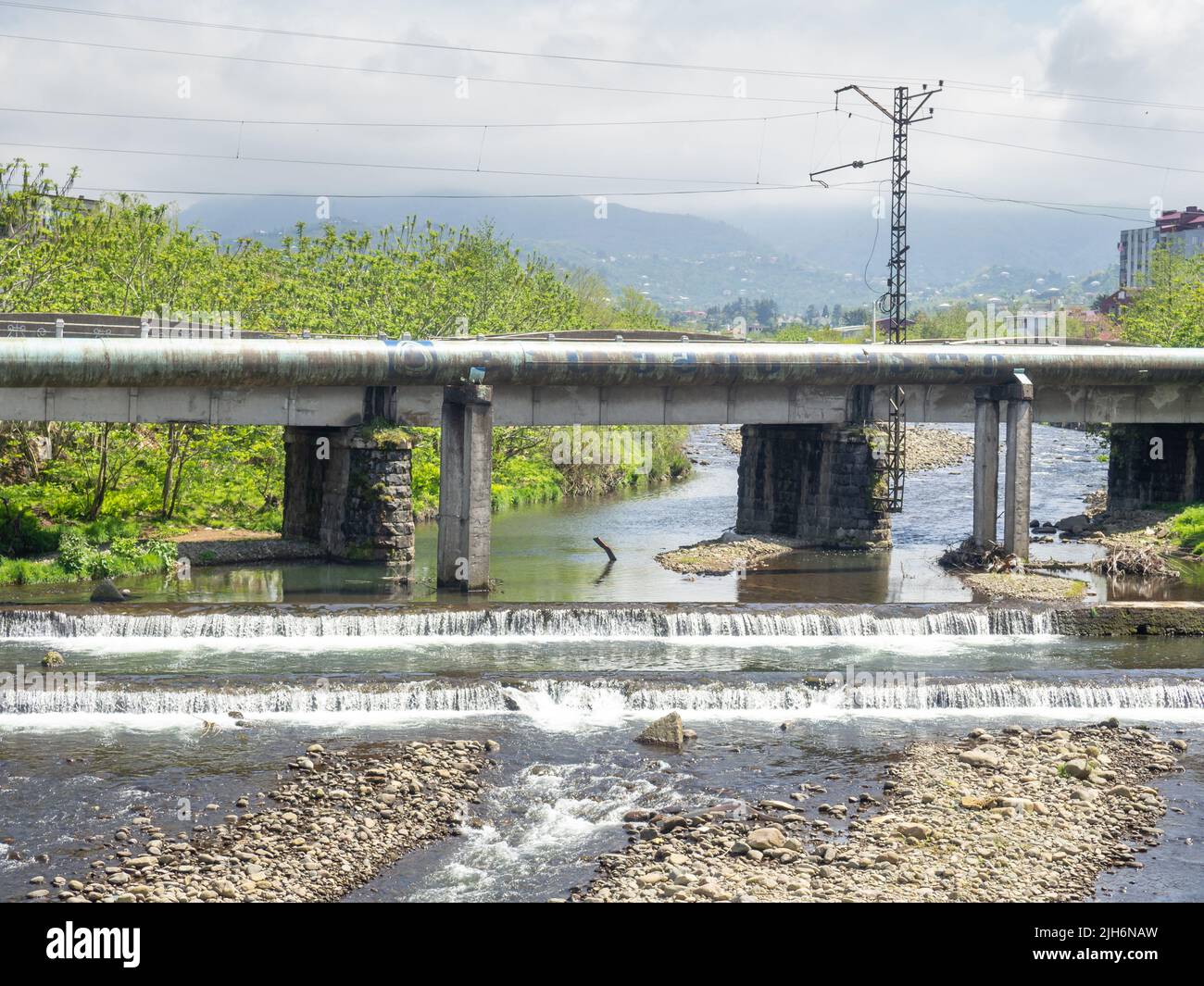 Rapid flow of the river. Big river, view from above. View from the ...