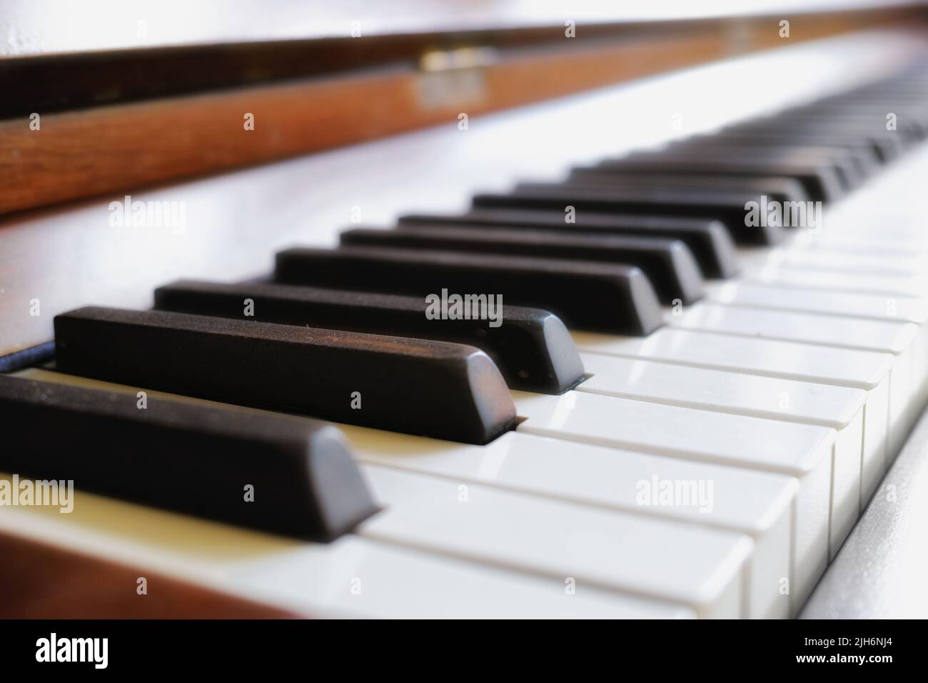 Closeup of classic wooden piano keys on display at a musical art ...