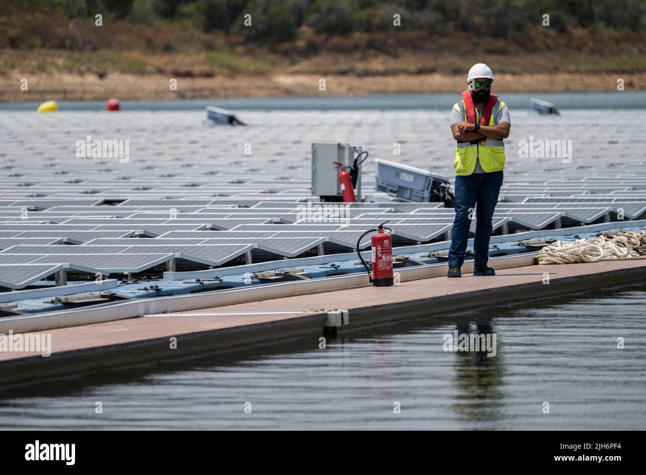 Alqueva, Portugal. 15th July, 2022. A staff member seen at the floating ...