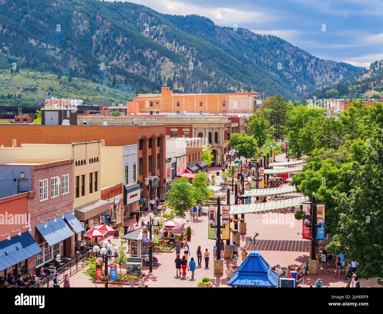 Colorado, JUL 2 2022 - Daytime view of some stores in Pearl Street Mall ...