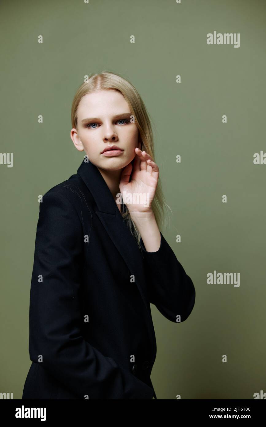 Cool banner for brands. An attractive cool professional model poses in ...