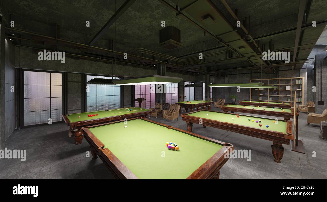 3D illustration pool room interior Stock Photo - Alamy