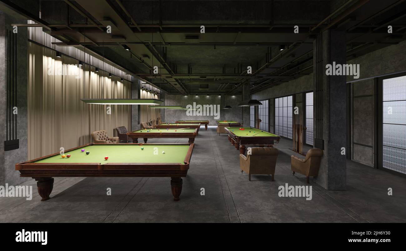 3D illustration pool room interior Stock Photo - Alamy