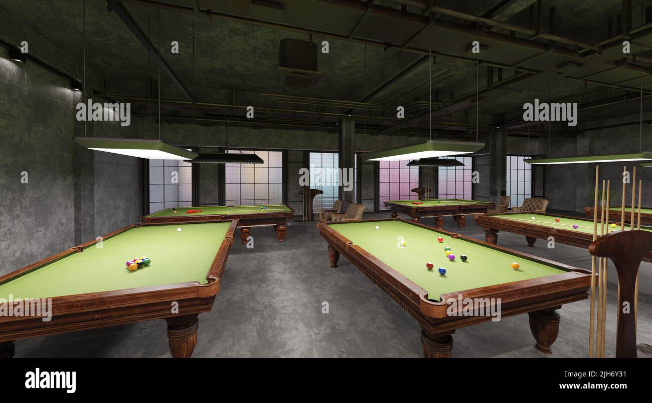 3D illustration pool room interior Stock Photo - Alamy