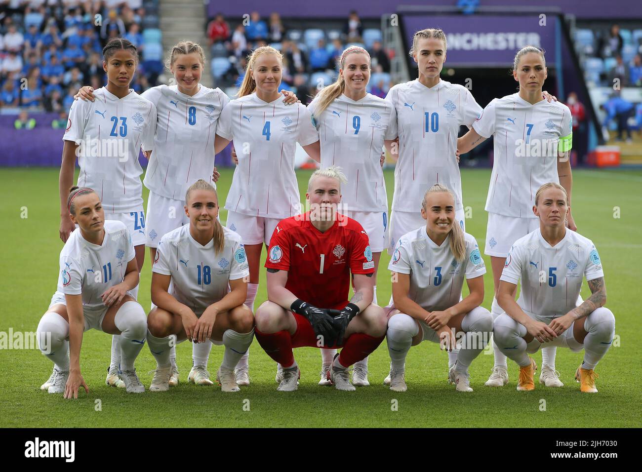 Manchester, England, 14th July 2022. The Iceland starting eleven line ...