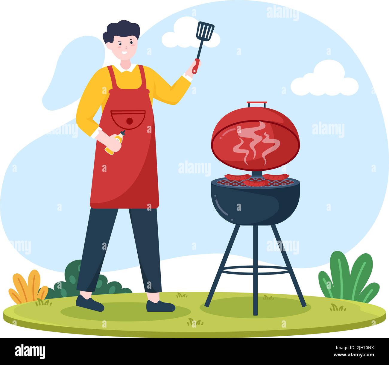 BBQ or Barbecue with Steaks on Grill, Toaster, Sausage, Chicken ...