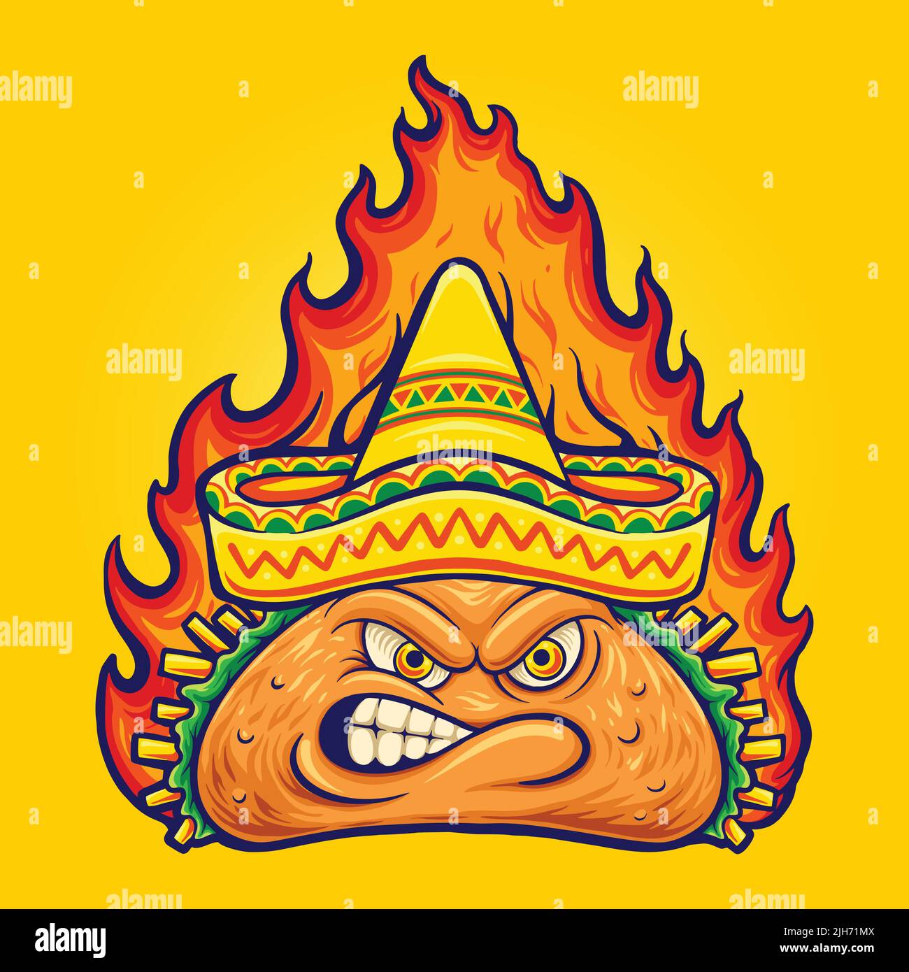 Delicious angry mexican taco with blazing fire vector illustrations for ...
