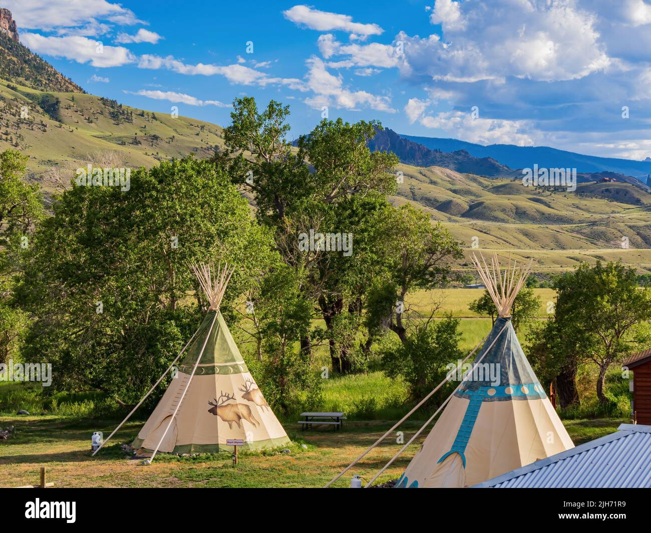 Sunny view of Tipi with beautiful landscape at Cody, Wyoming Stock ...