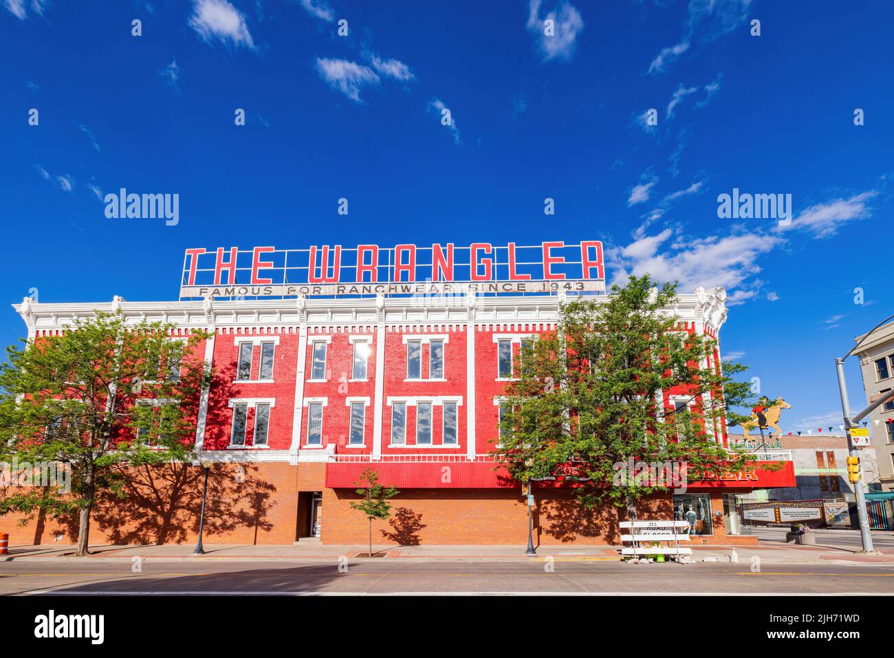 Wyoming, JUL 3 2022 - Sunny view of The Wrangler of downtown Cheyenne ...