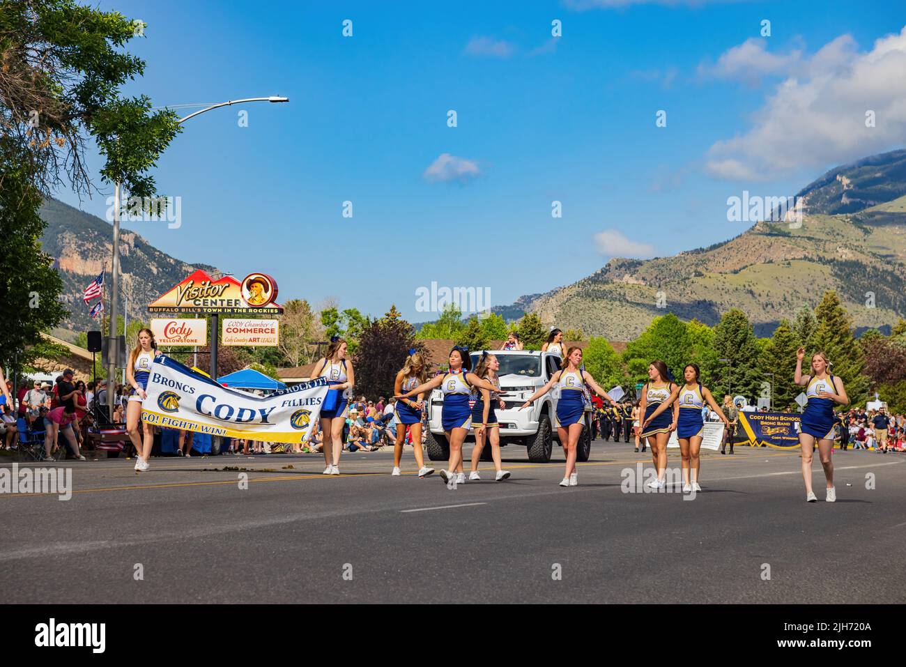Wyoming, JUL 4 2022 - Sunny view of the Cody High School marching band ...