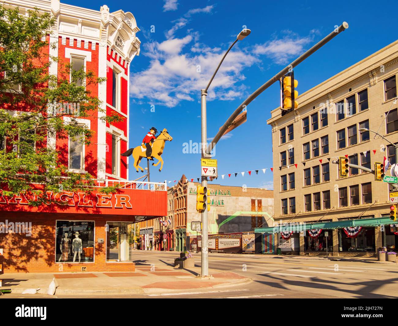 Wyoming, JUL 3 2022 - Sunny view of The Wrangler of downtown Cheyenne ...