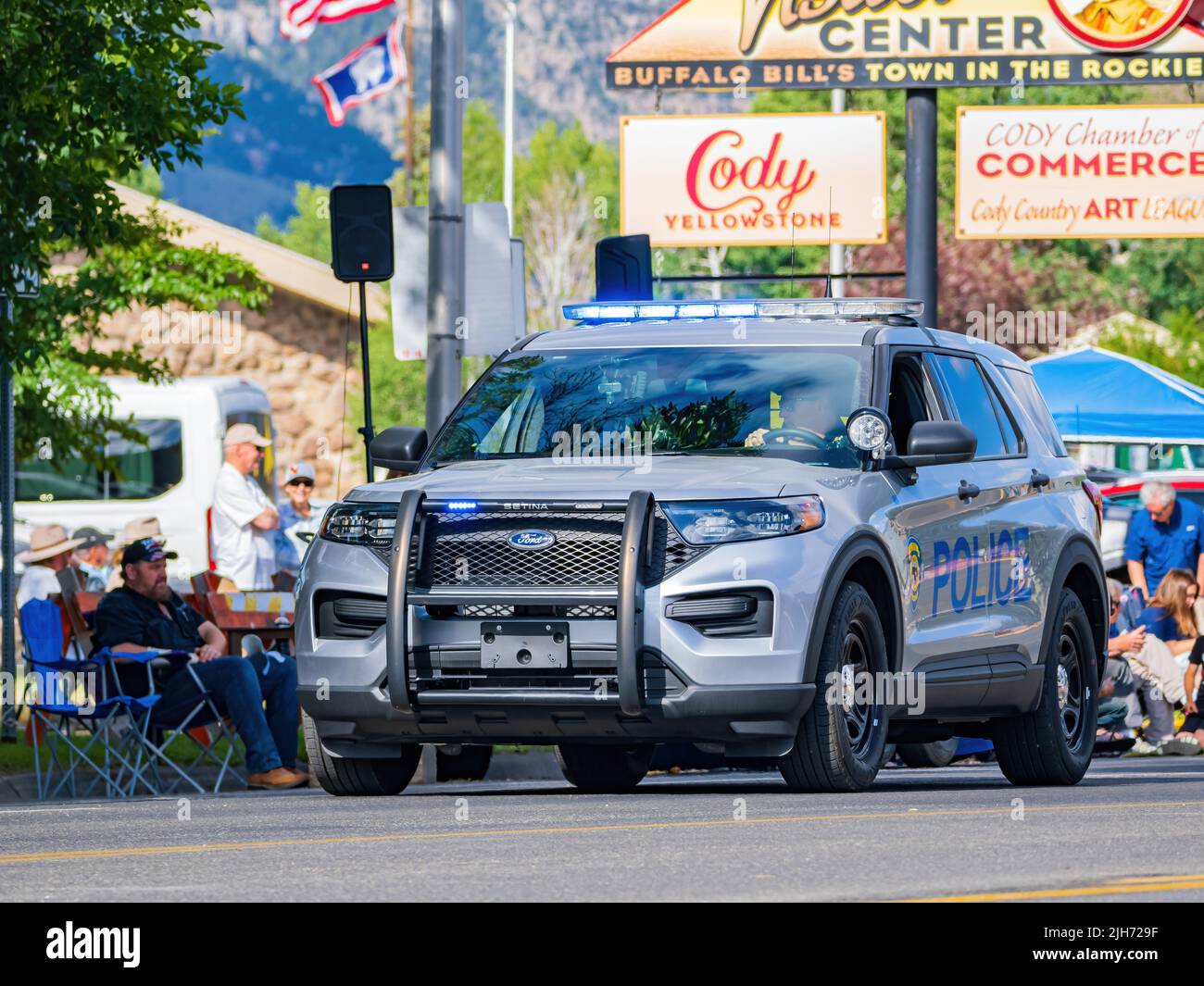 Wyoming, JUL 4 2022 - Police car in the famous Cody Stampede Parade ...