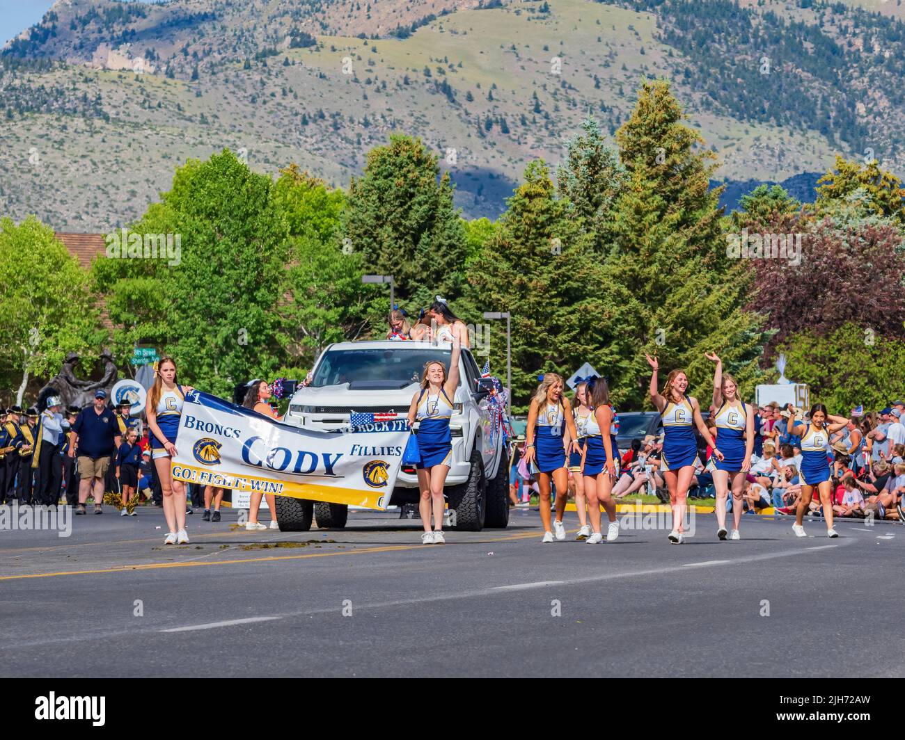 Wyoming, JUL 4 2022 - Sunny view of the Cody High School marching band ...