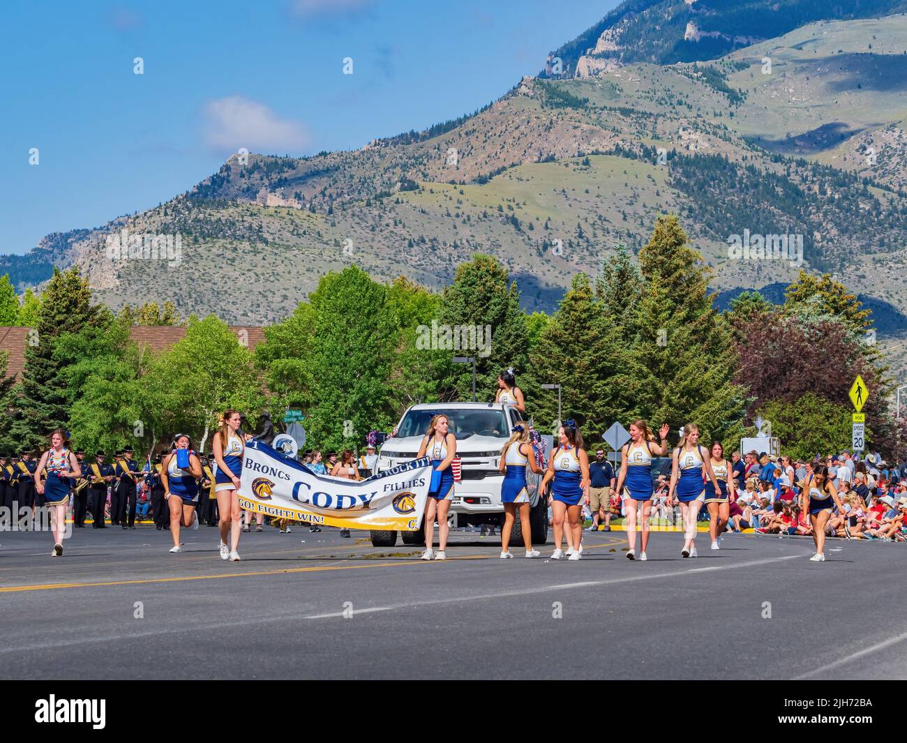 Wyoming, JUL 4 2022 - Sunny view of the Cody High School marching band ...