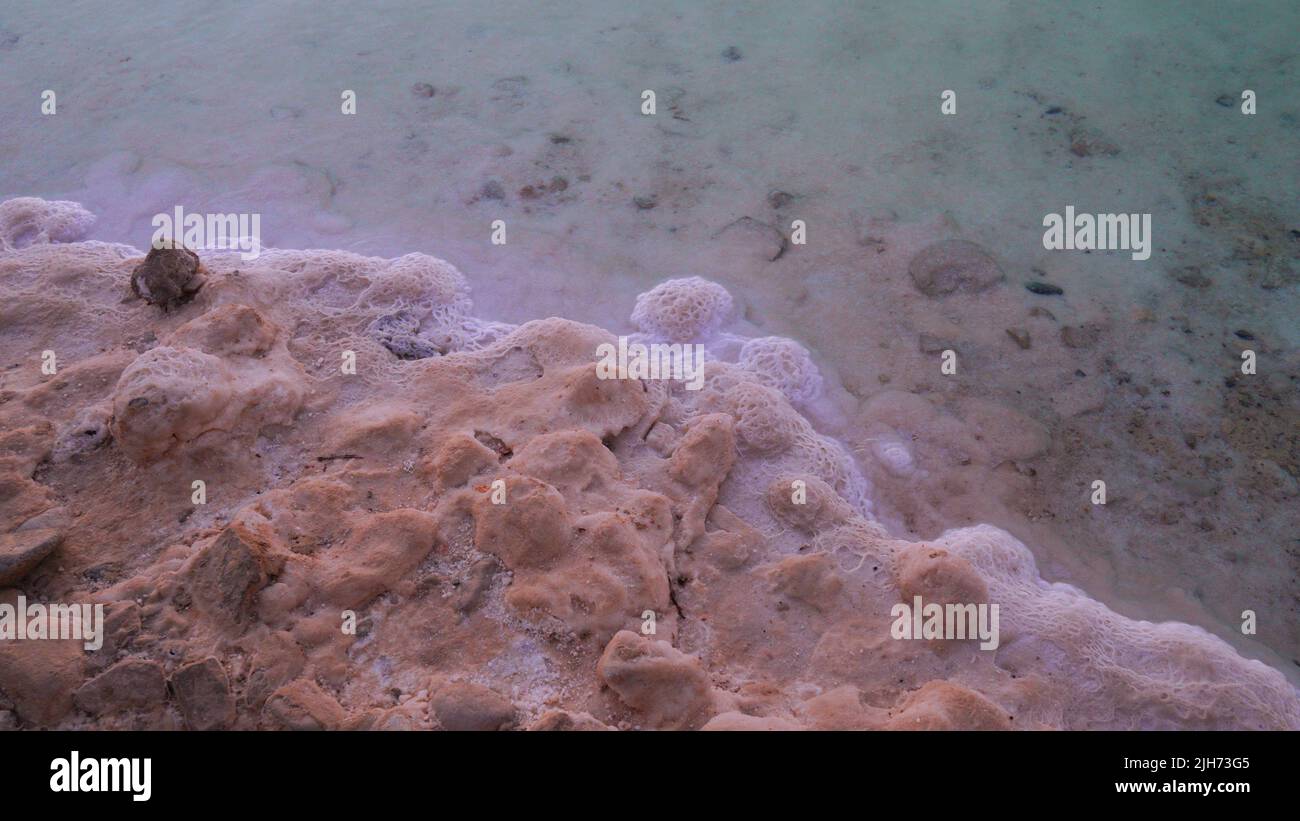 Large Salt accumulated on the shore of the Dead sea. Deposits of mineral salts, typical ...