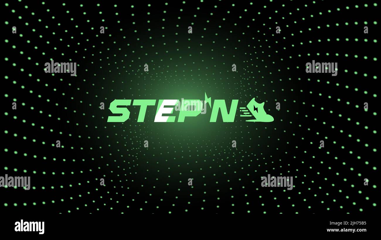 STEPN company logo icon in the center of spiral of glowing green dots ...