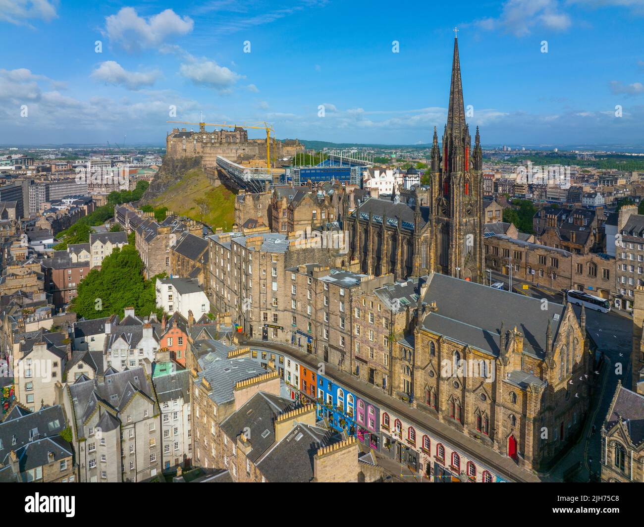 Old Town and Tolbooth Church on Royal Mile aerial view in Edinburgh ...