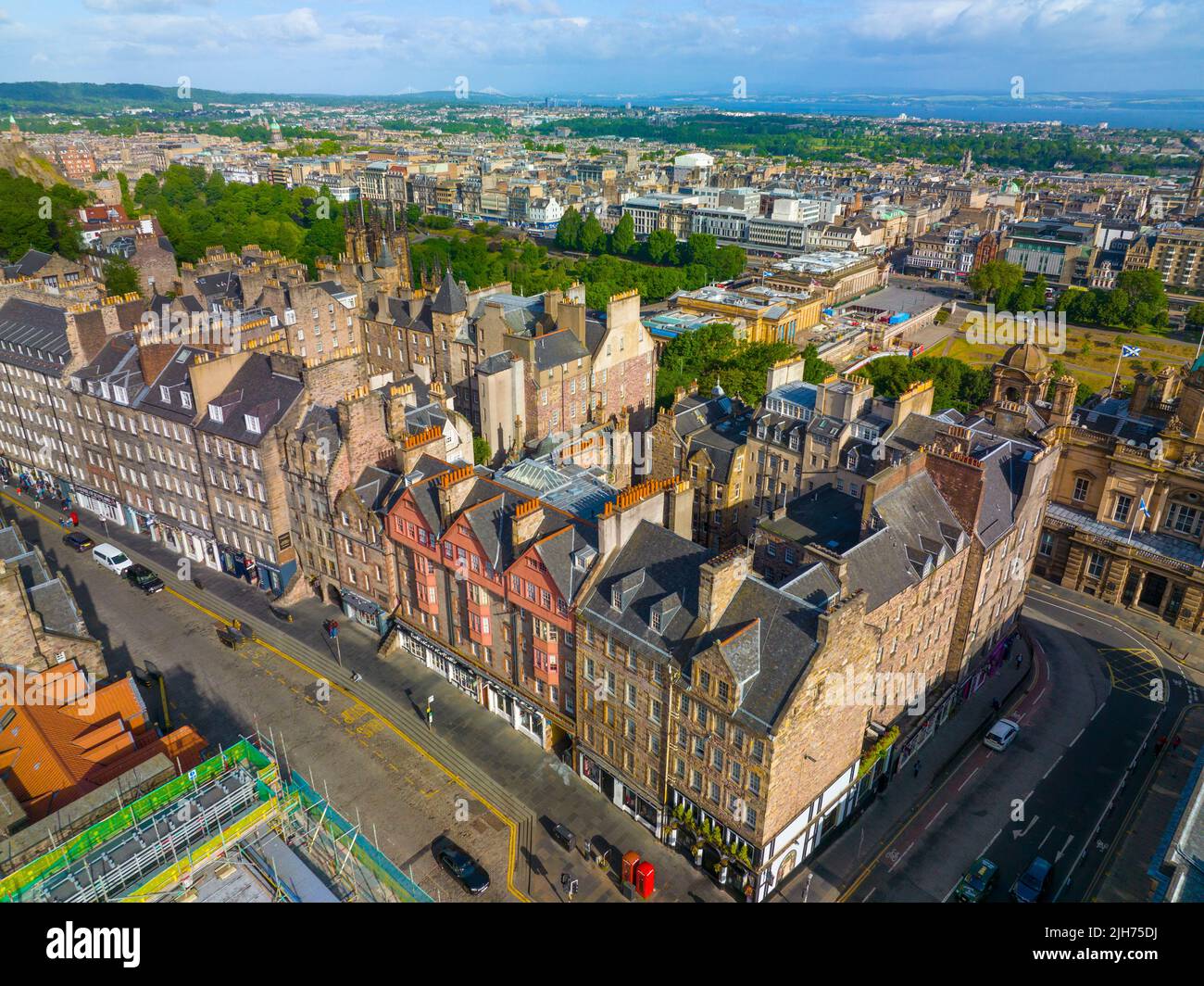 Old Town on Royal Mile aerial view with New Town at the background in ...