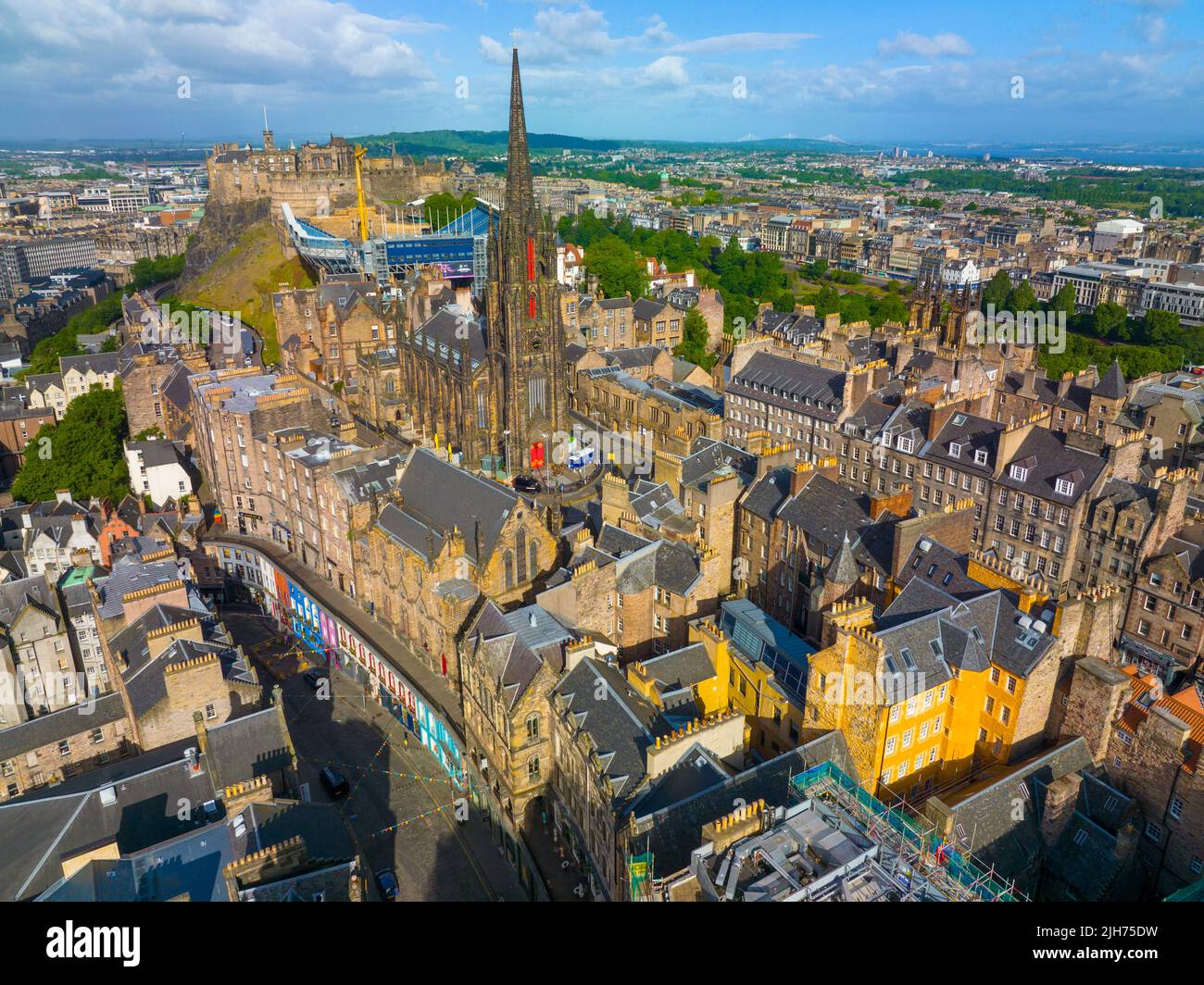Old Town and Tolbooth Church on Royal Mile aerial view in Edinburgh ...