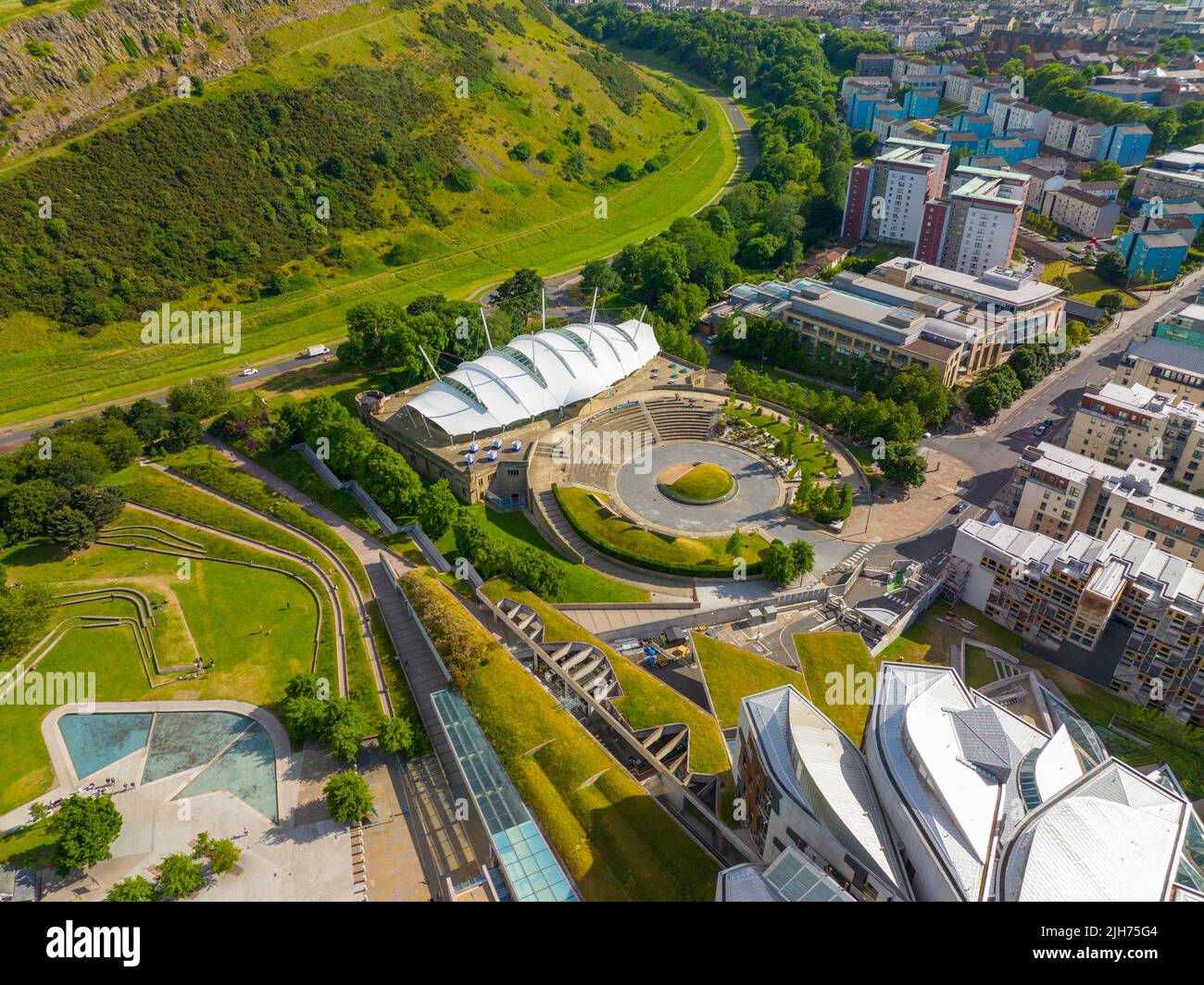 Our Dynamic Earth aerial view in Old Town Edinburgh, Scotland, UK. Old ...