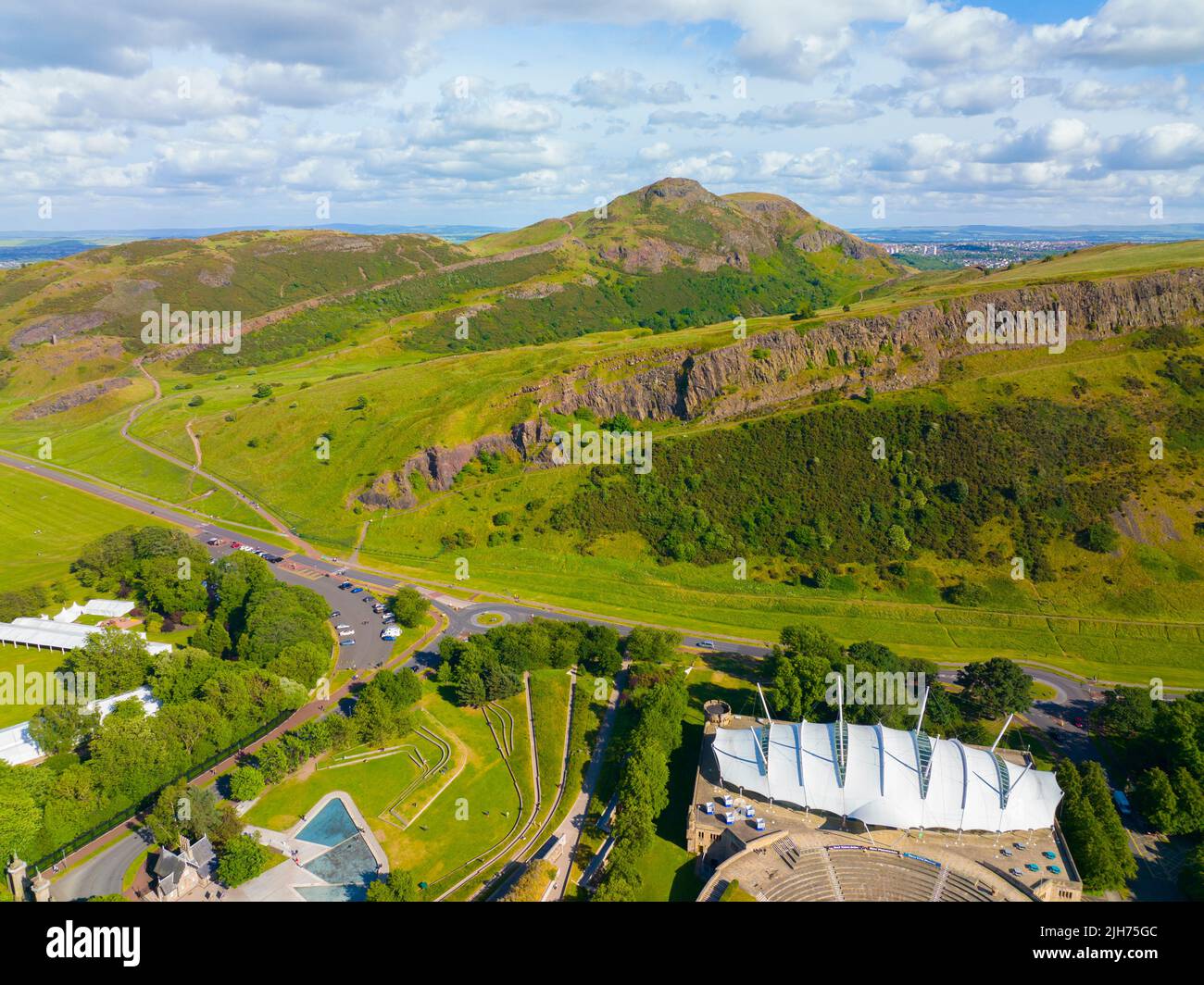 Aerial view of Holyrood Park at Old Town Edinburgh, Scotland, UK. Old ...
