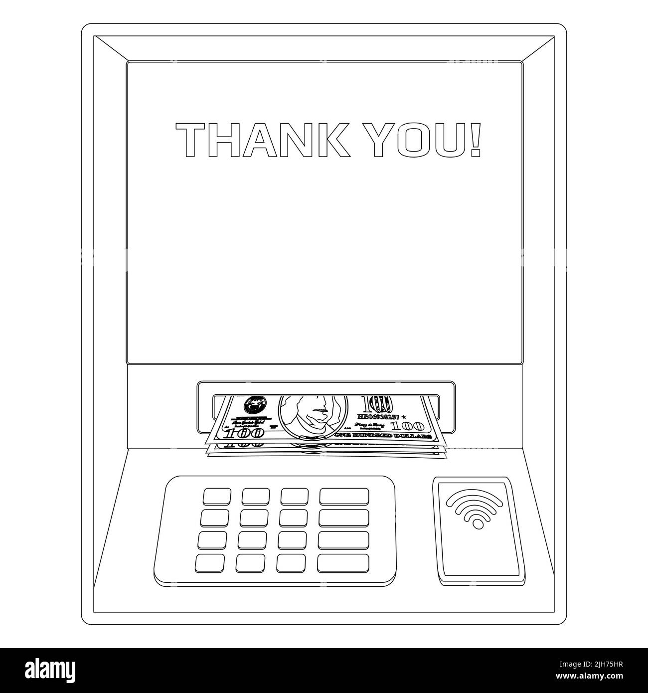 Outline cash dollars in slot of ATM machine with display, keypad and ...