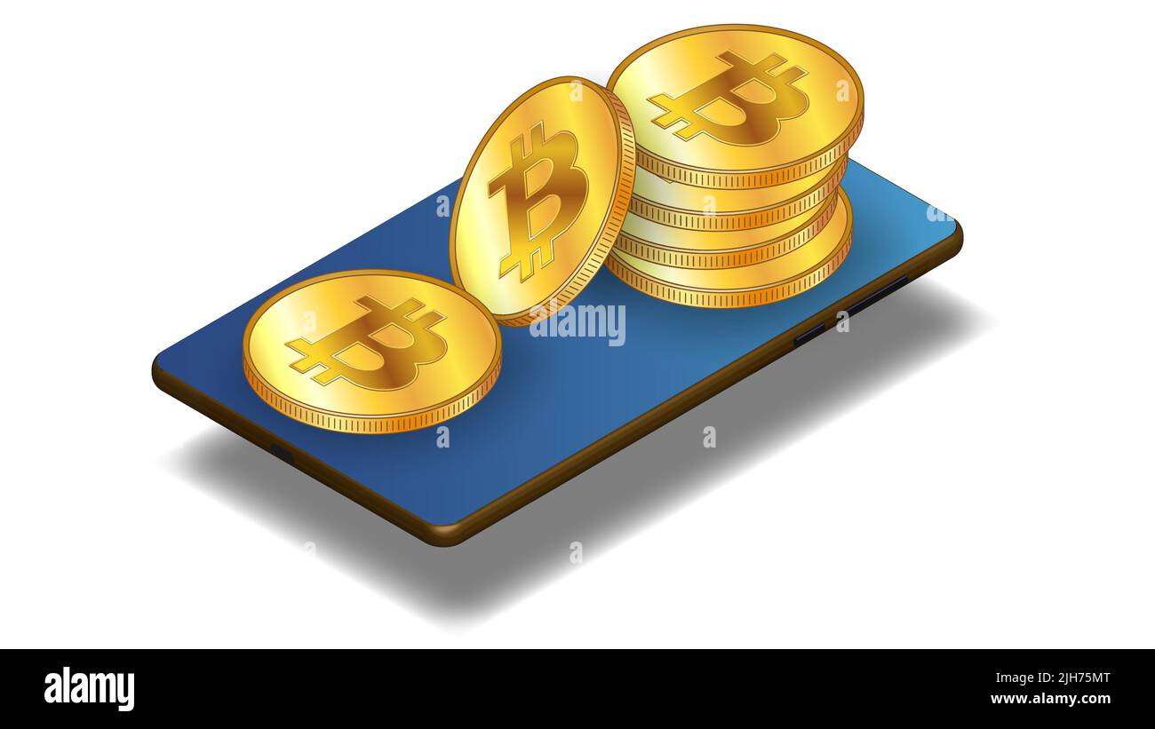 Isometric cellphone with gold bitcoin btc coins stack isolated on white ...