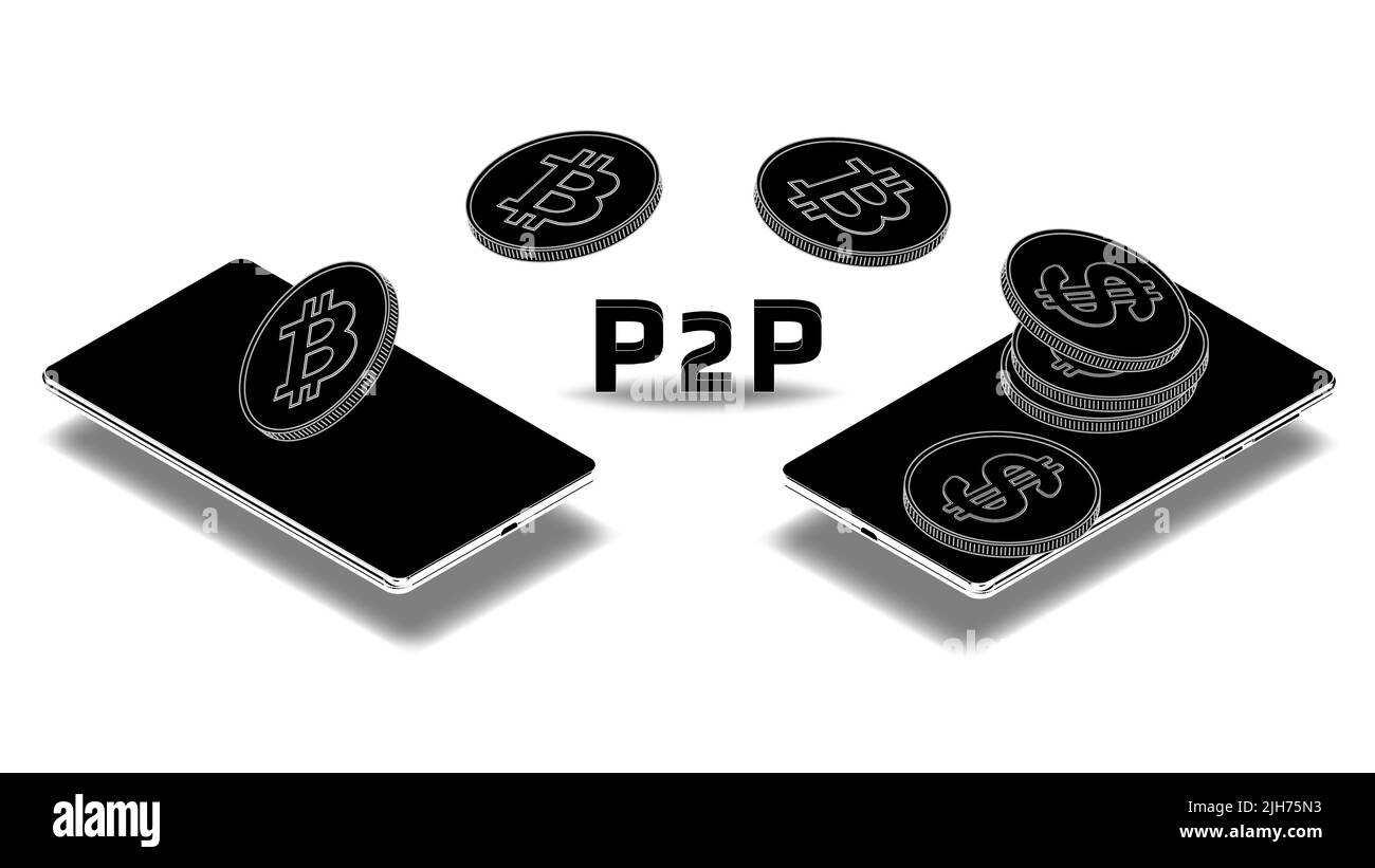 Isometric concept of transferring and converting bitcoin BTC to dollars ...