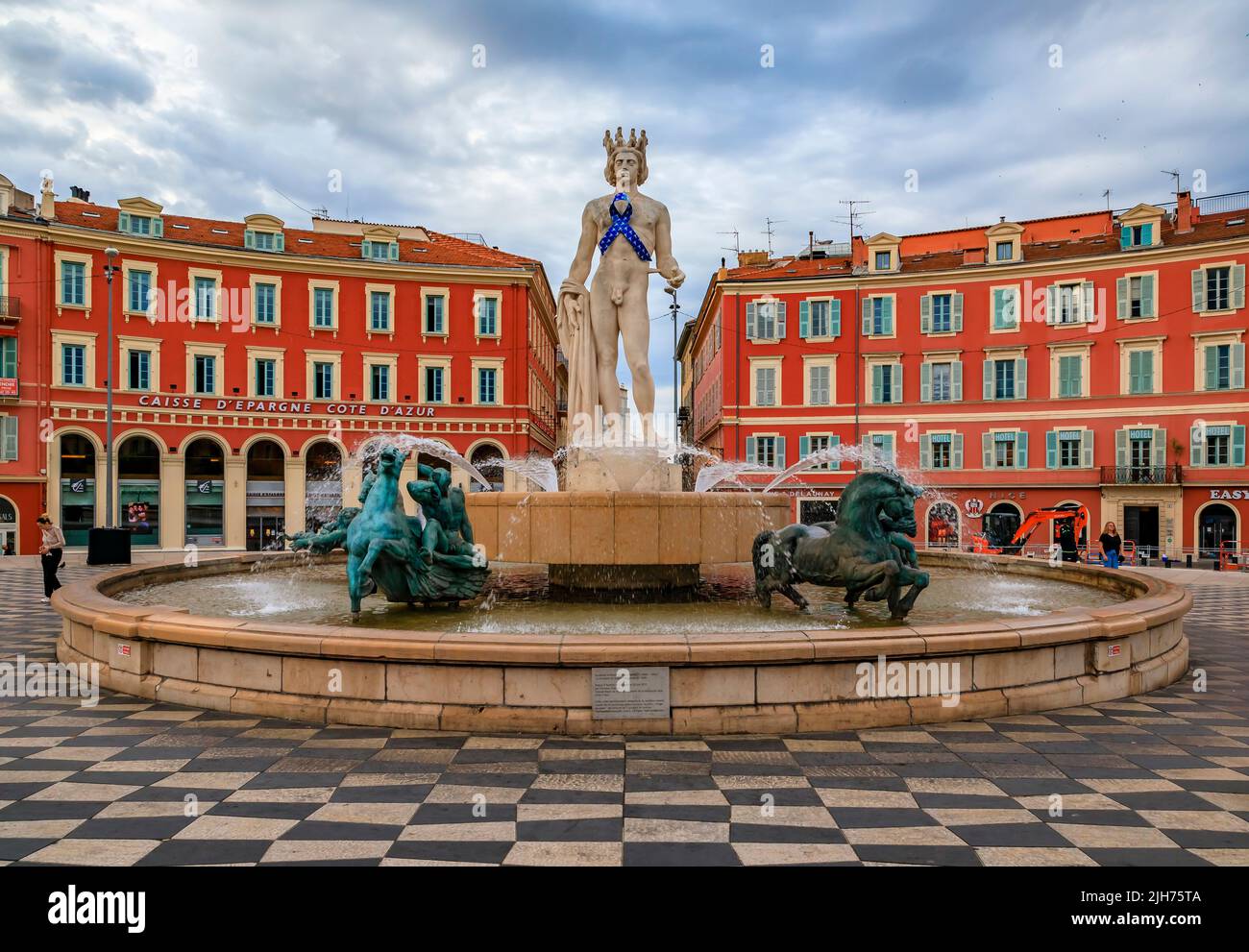 Nice, France - May 25 2022: Statue of Apollo with a blue awareness ...