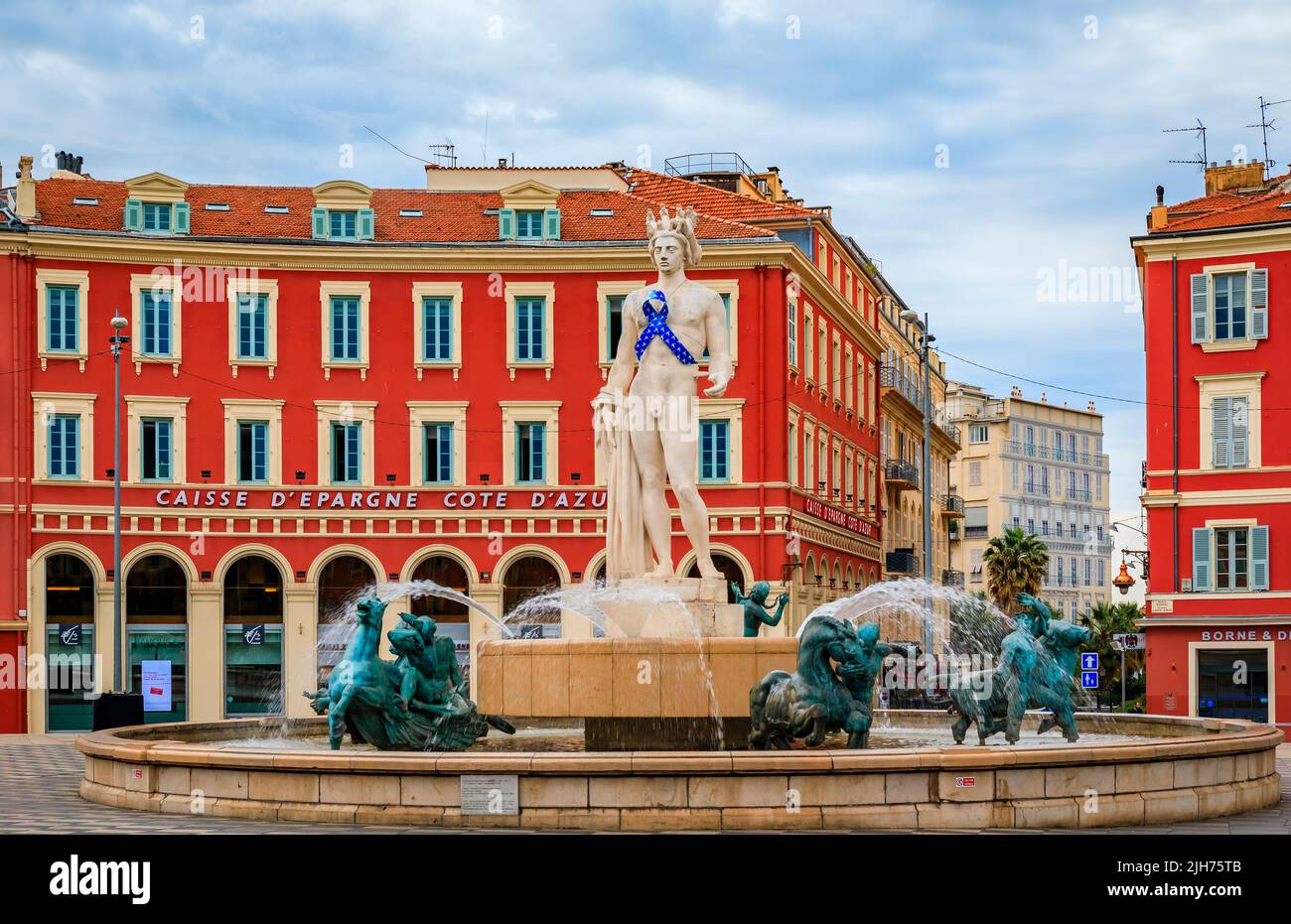 Nice, France - May 25 2022: Statue of Apollo with a blue awareness ...