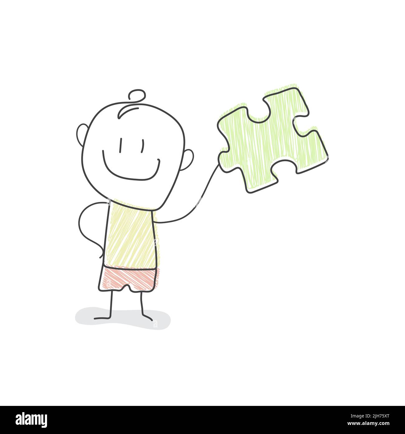 cartoon character holds a puzzle element in his hand. Conceptual ...