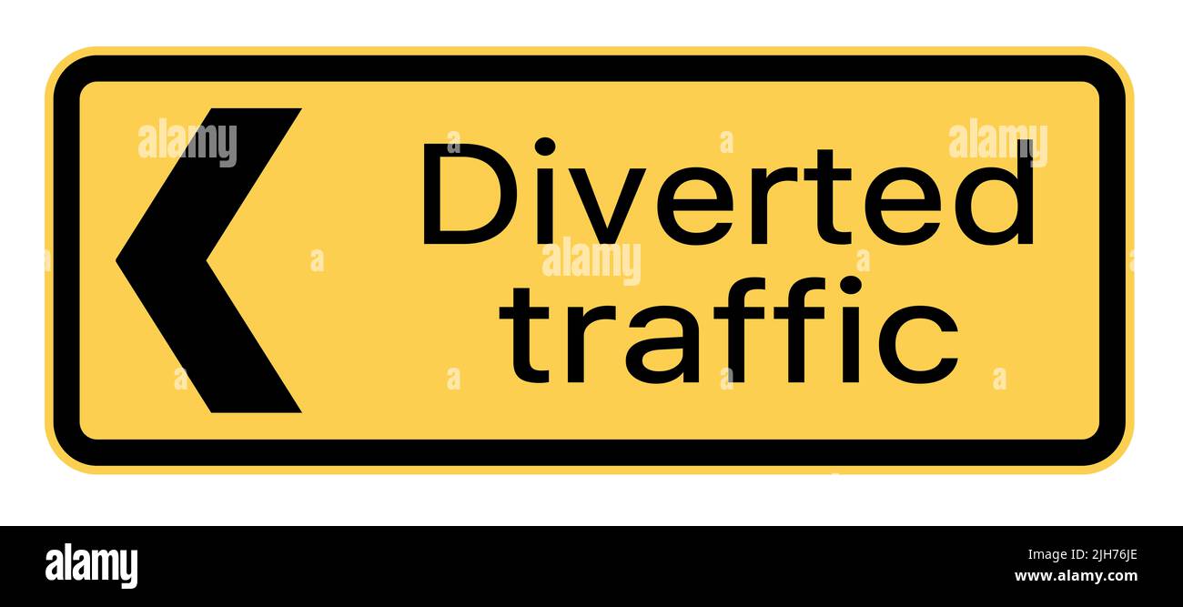Typical Diverted Traffic black and yellow road highway sign over a ...