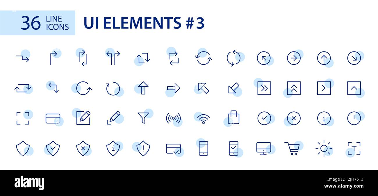 Simple line art UI elements icons set. Arrows, shopping, new file ...