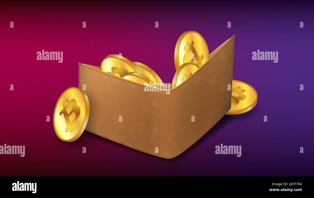 Isometric brown leather wallet full of Bitcoin BTC golden coins on ...