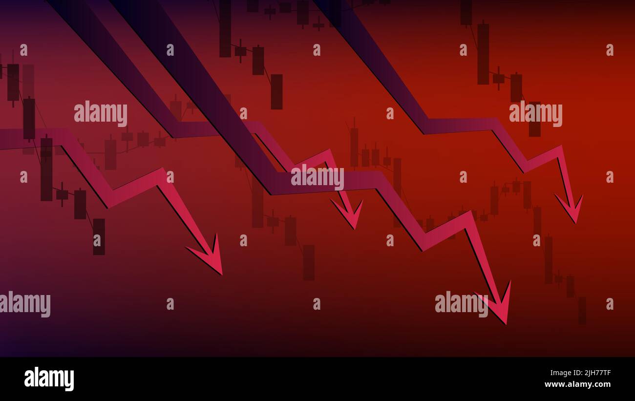 Red down arrows on dark red background. Fall of the economy and global ...