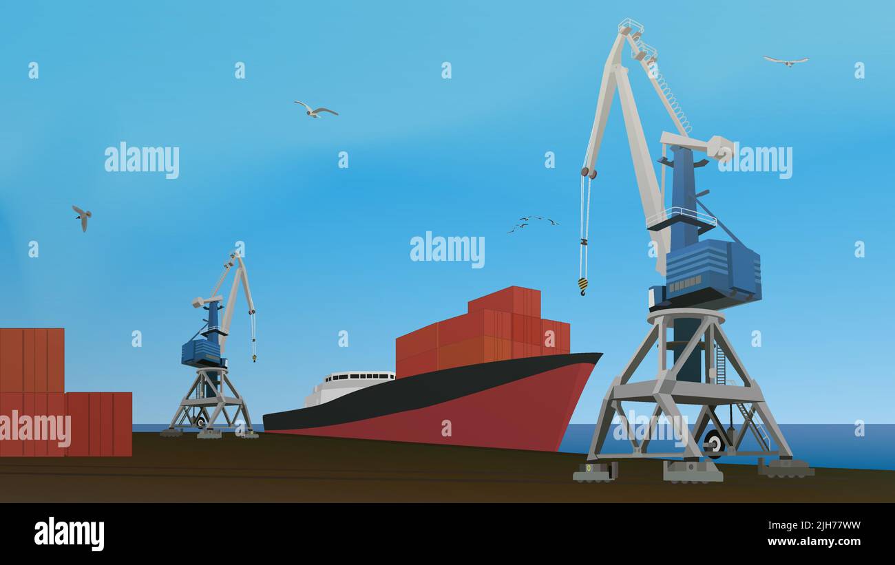 Commercial port with container ship at the pier and cargo cranes ...