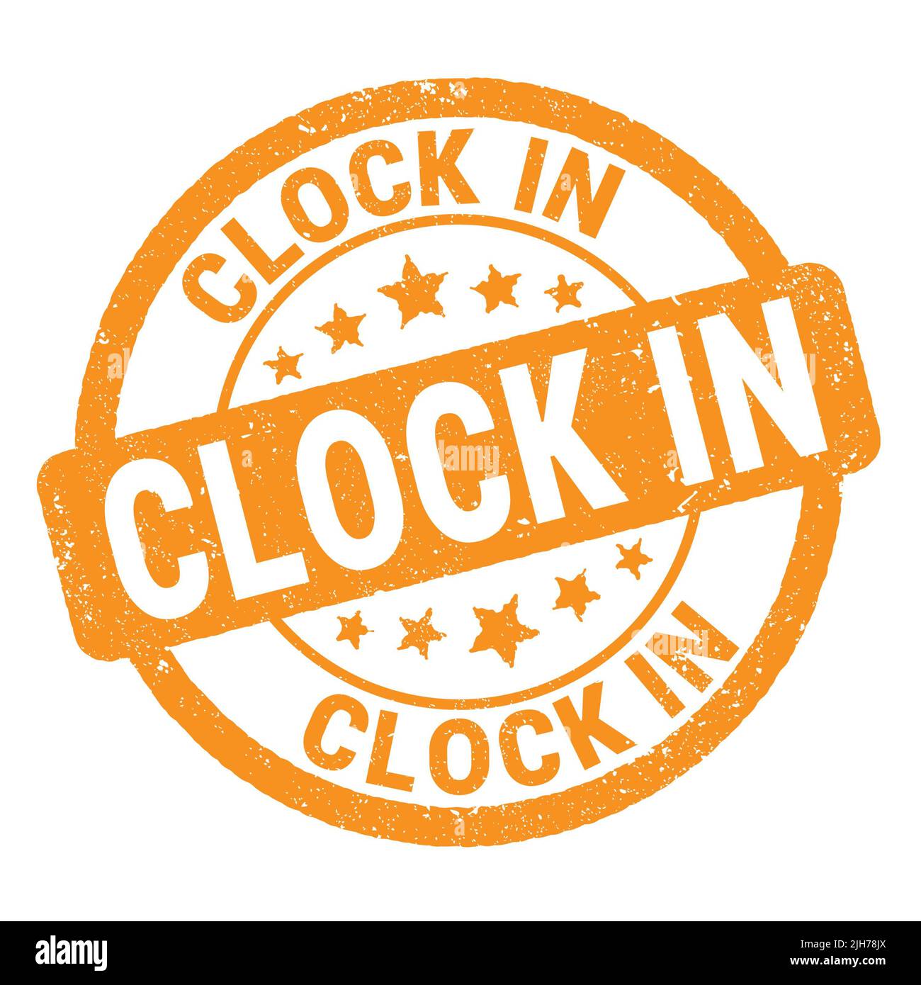 CLOCK IN text written on orange grungy stamp sign Stock Photo - Alamy