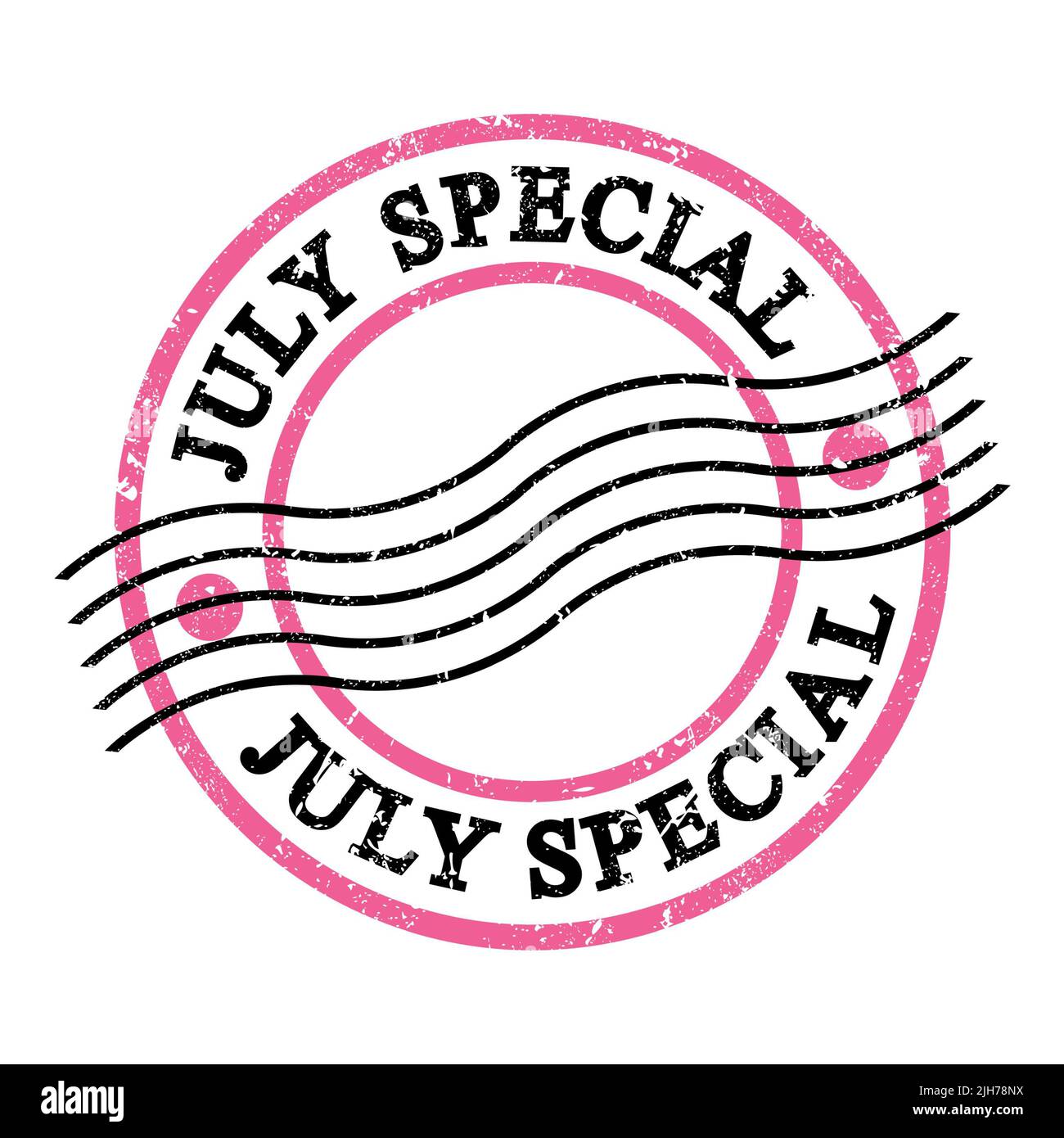 JULY SPECIAL, text written on pink-black grungy postal stamp Stock ...