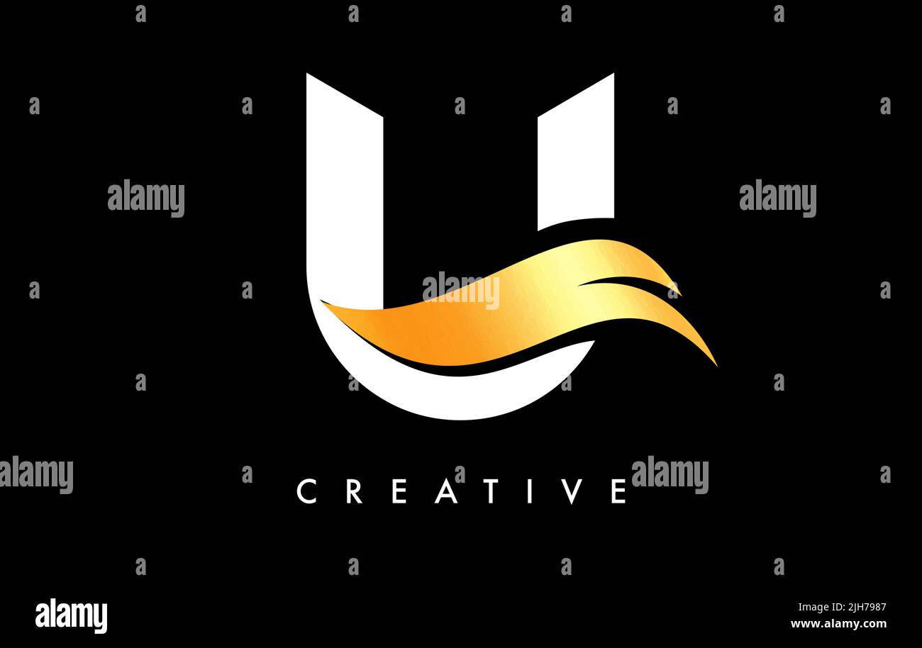 Letter U Logo Icon Design with Golden Swoosh and Creative Cut Curved ...