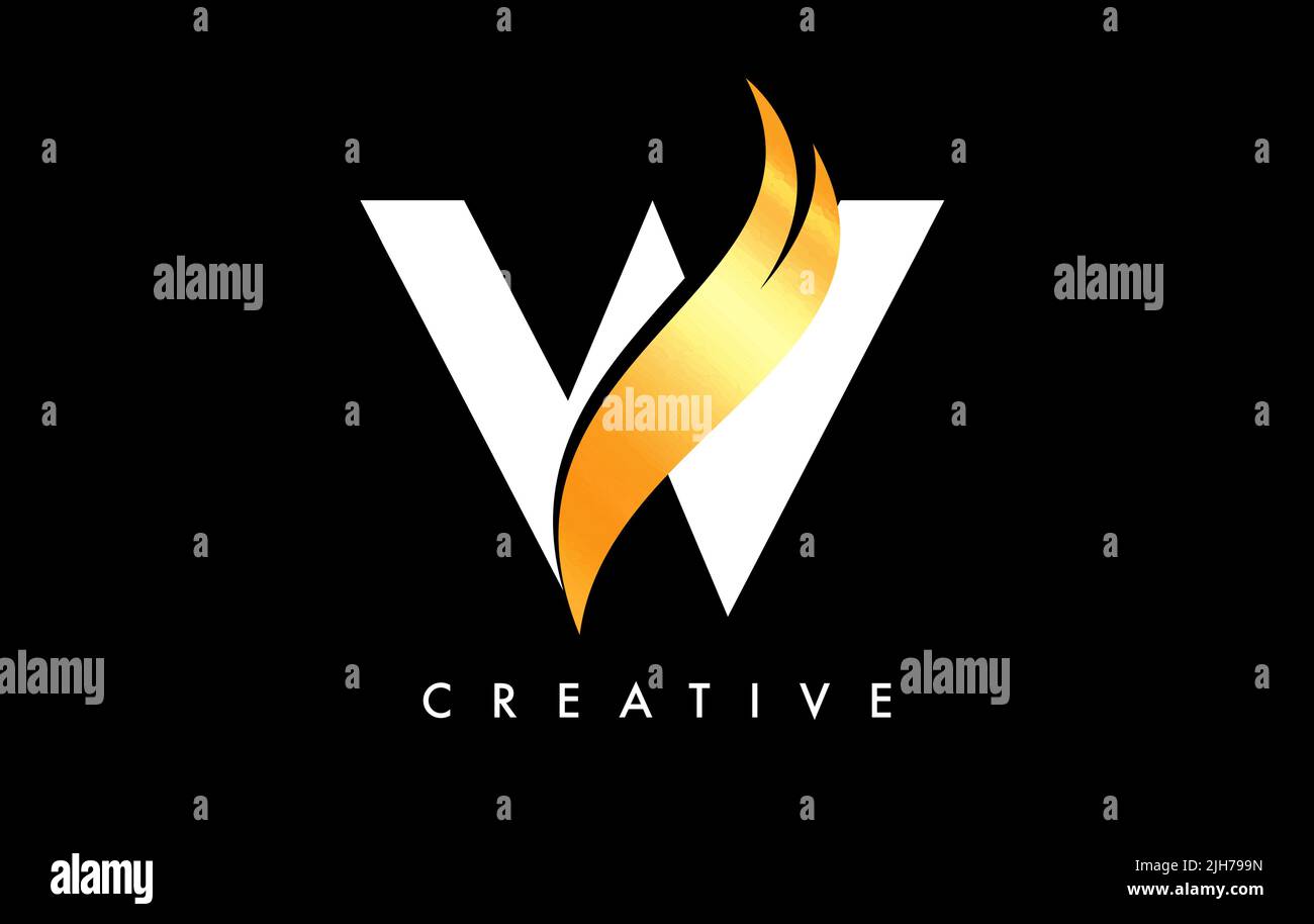 Letter W Logo Icon Design with Golden Swoosh and Creative Cut Curved ...