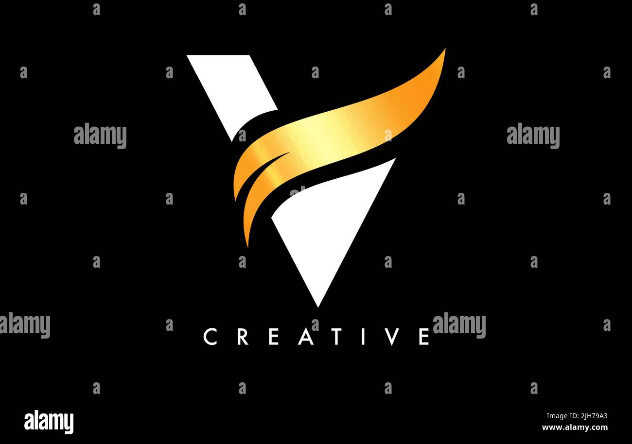 Letter V Logo Icon Design with Golden Swoosh and Creative Cut Curved ...
