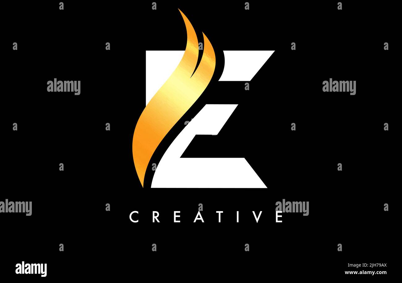 Letter E Logo Icon Design with Golden Swoosh and Creative Cut Curved ...