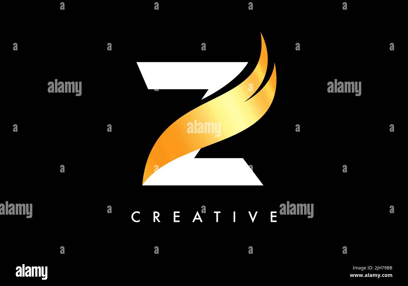 Letter Z Logo Icon Design with Golden Swoosh and Creative Cut Curved ...
