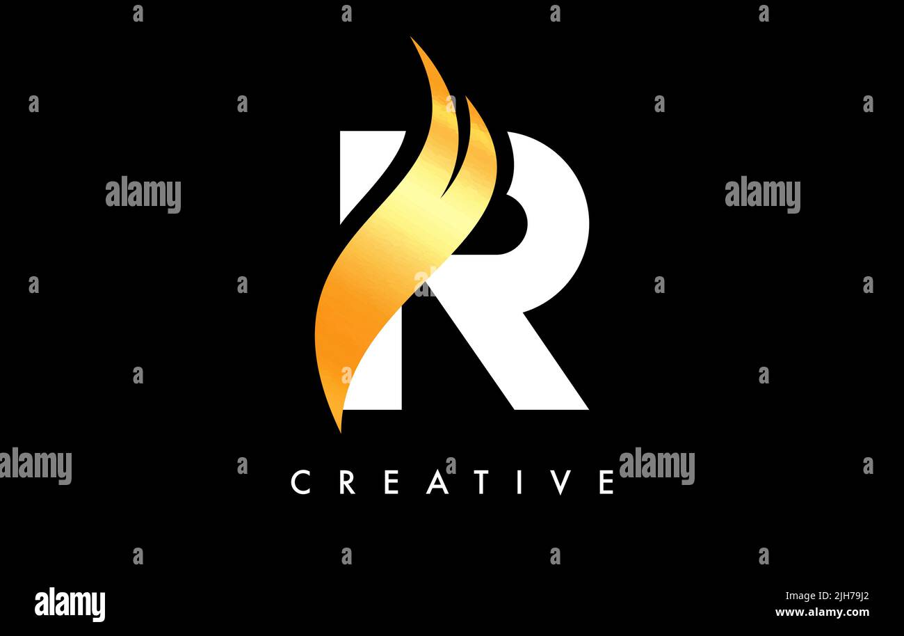 Letter R Logo Icon Design with Golden Swoosh and Creative Cut Curved ...