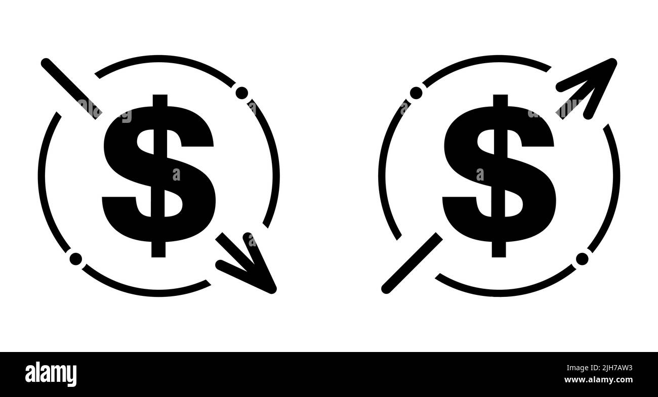 Set of cost symbol dollar increase and decrease icon. Money vector symbol isolated on background ...